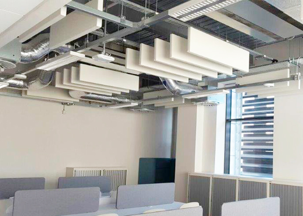 White suspended acoustic panel fitted in fabric
